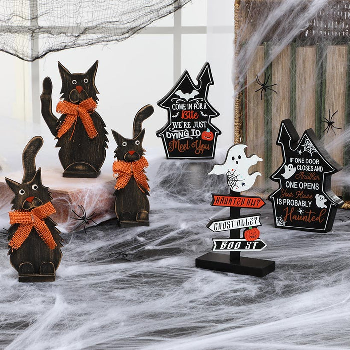 Halloween Tabletop Wood Decor In Black Cat Or Haunted Lane Trio | The ...