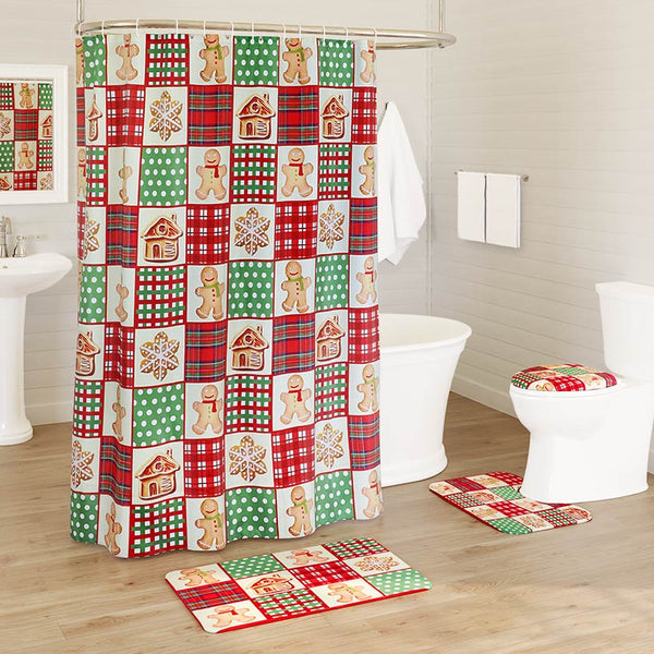 Memory Foam Bath Rugs and Shower Curtain Complete 16-Pc Set Gingerbread ...