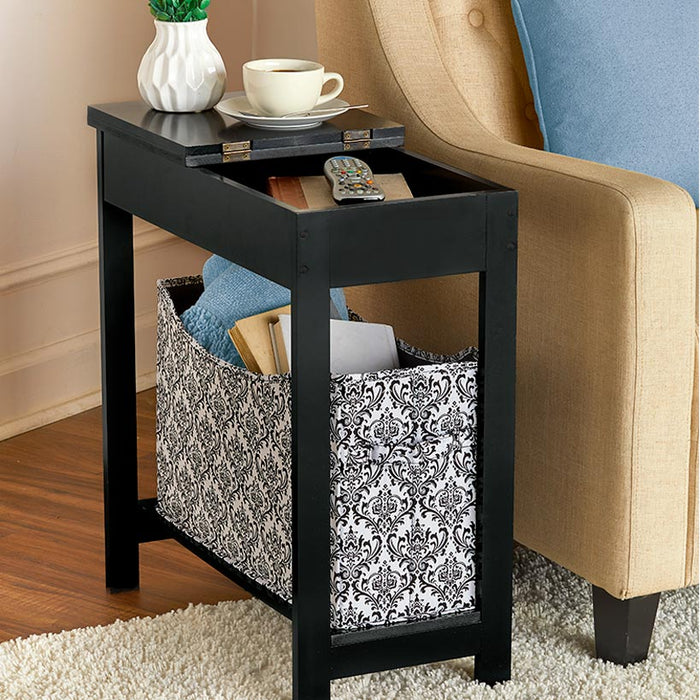 Narrow Wood Side Table with Flip-Top and Fabric Storage Bin | The ...