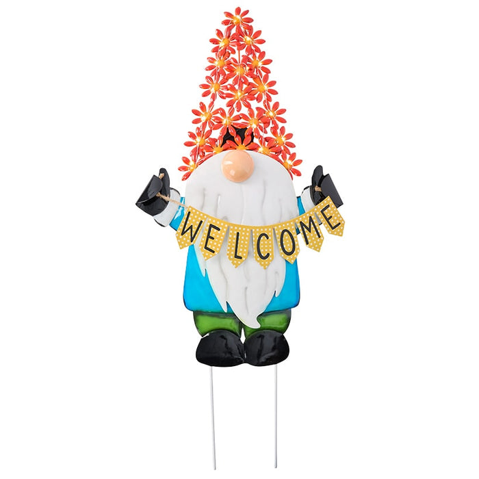 Welcome Gnome With Solar Flower Hat Garden Stake | The Lakeside Collection