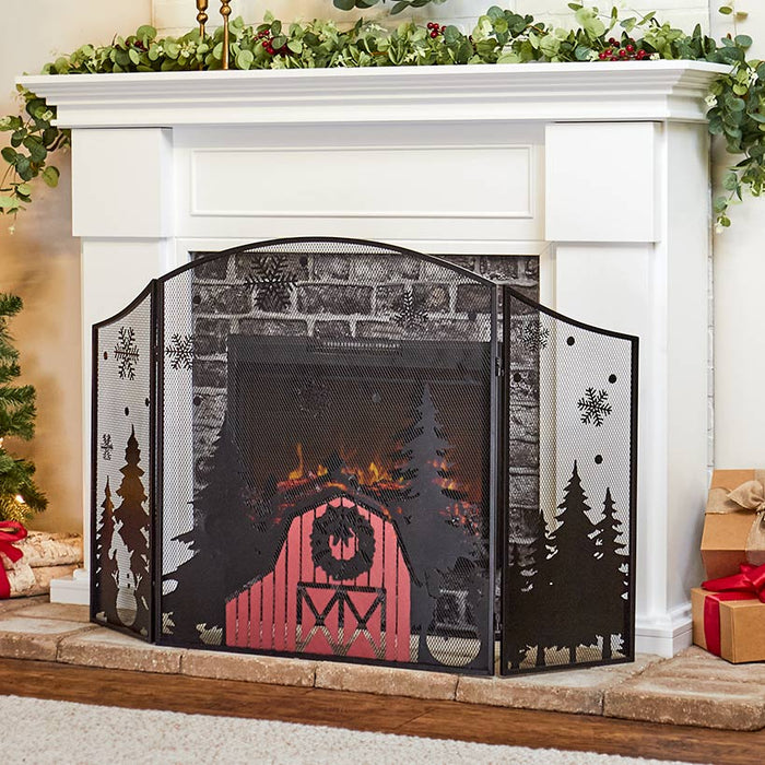 Red Barn Christmas Fireplace Screen | The Lakeside Collection