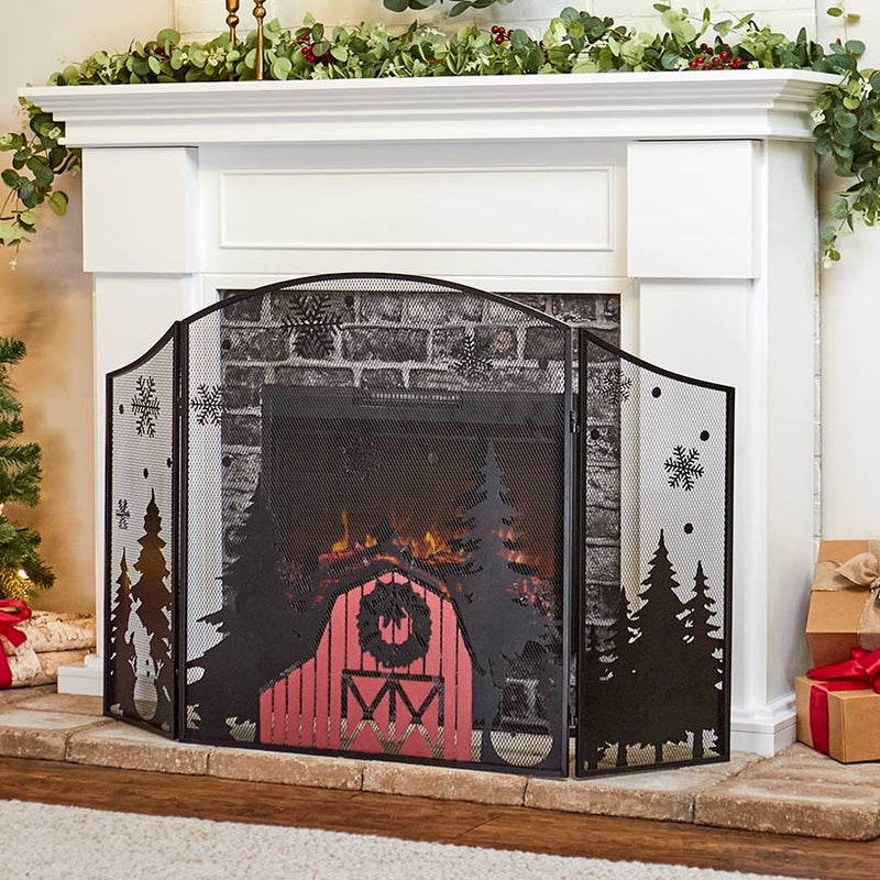 Red Barn Christmas Fireplace Screen | The Lakeside Collection