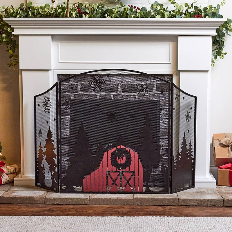Red Barn Christmas Fireplace Screen | The Lakeside Collection