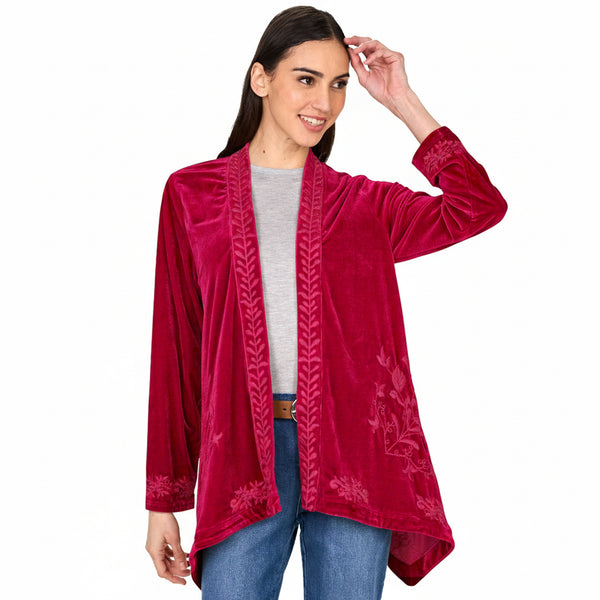 Women's Embroidered Velvet Open Front Cardigan | The Lakeside Collection